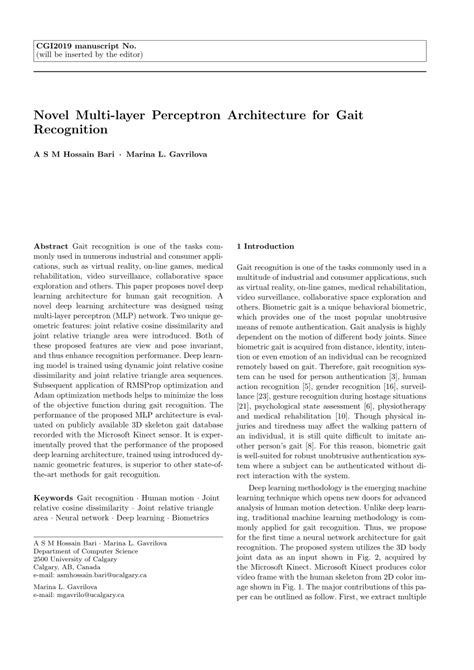 pdf multi layer perceptron architecture for kinect based gait recognition