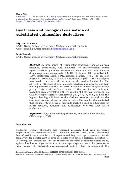 Pdf Synthesis And Biological Evaluation Of Substituted Quinazoline Derivatives
