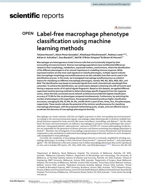 PDF Label Free Macrophage Phenotype Classification Using Machine Learning Methods