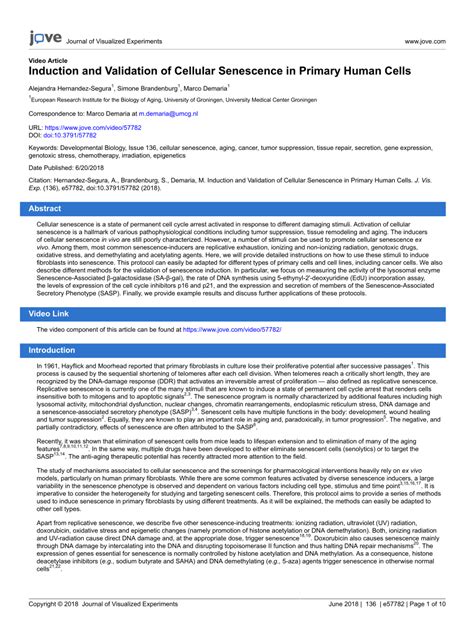 Pdf Induction And Validation Of Cellular Senescence In Primary Human