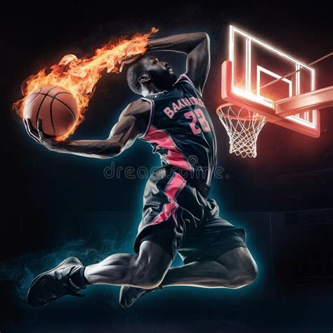 Basketball Player Scores A Slam Dunk Seen From Above The Hoop Intense Energy Shafts Of Light