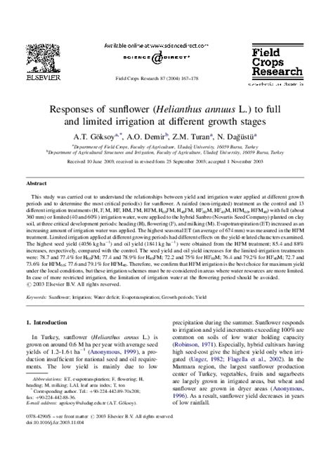 Pdf Responses Of Sunflower Helianthus Annuus L To Full And Limited