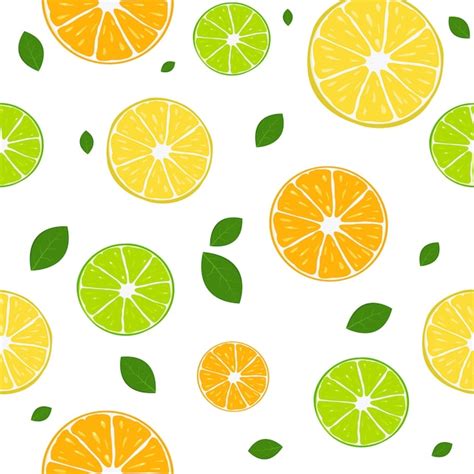 Premium Vector Citrus Pattern With Slices Of Lemon Lime And Orange Leaves