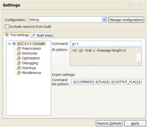 C C File Properties Build Settings Tool Settings Tab