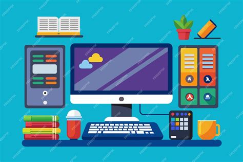 Premium Vector A Modern Desktop Computer Placed On Top Of A Desk In An Office Setting Modern