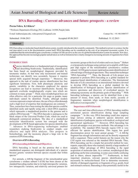 Pdf Dna Barcoding Current Advances And Future Prospects A Review