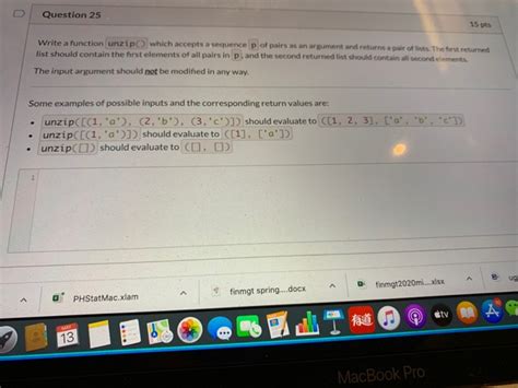 Solved Question 25 15 Pts Write A Function Unzip Which