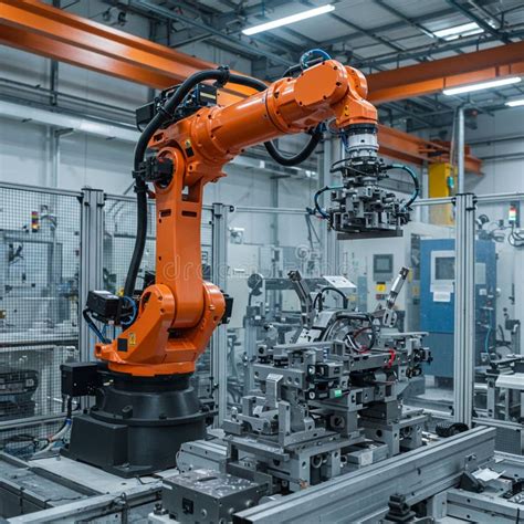 Robotic Arm In An Industrial Setting Colored Orange Performs Automated Tasks Stock