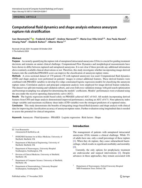 Pdf Computational Fluid Dynamics And Shape Analysis Enhance Aneurysm Rupture Risk Stratification