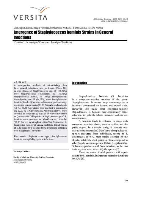 Pdf Emergence Of Staphylococcus Hominis Strains In General Infections Lavinia Daba