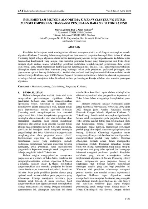 Pdf Implementasi Metode Algoritma K Means Clustering Untuk Mengelompokkan Transaksi Penjualan