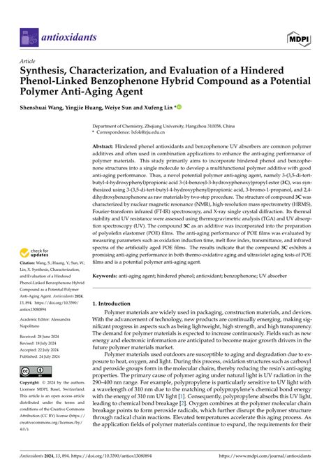 Pdf Synthesis Characterization And Evaluation Of A Hindered Phenol Linked Benzophenone