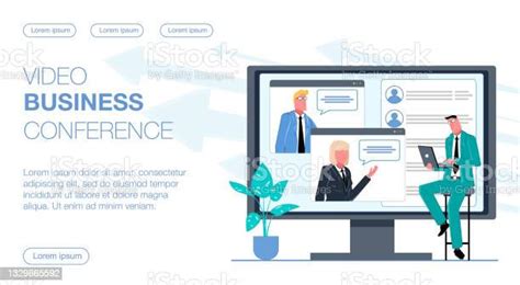 한 사업가가 랩톱과 화상 채팅을 하고 있으며 모니터 평면 벡터 일러스트레이션에서 비즈니스 화상 회의를 진행하고 있습니다 거리가 먼에 대한 스톡 벡터 아트 및 기타 이미지