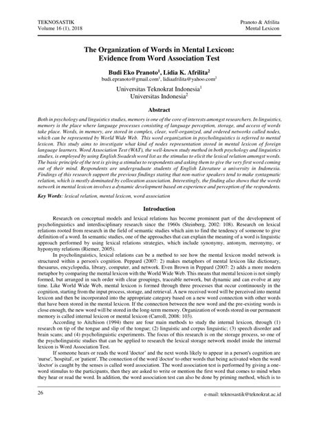 Pdf The Organization Of Words In Mental Lexicon Evidence From Word Association Test