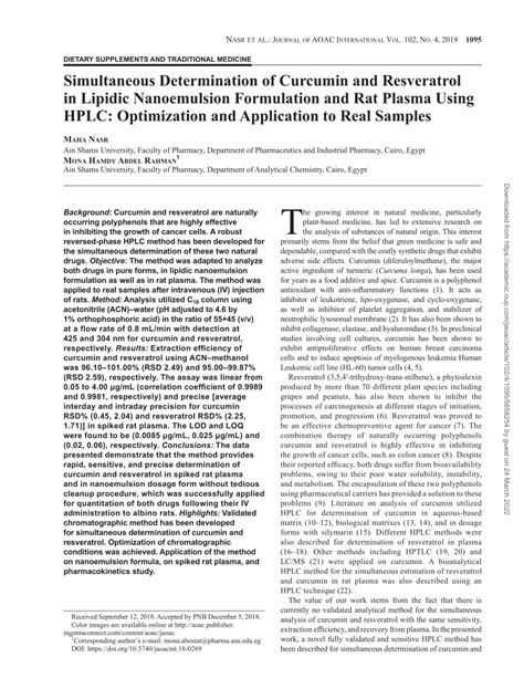 Pdf Simultaneous Determination Of Curcumin And Resveratrol In Lipidic