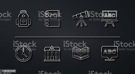 학교 배낭 시계 칠판 책을 펼치고 건물 나선형 노트북 알파벳 및 망원경 아이콘을 설정합니다 벡터 0명에 대한 스톡 벡터 아트 및 기타 이미지 Istock