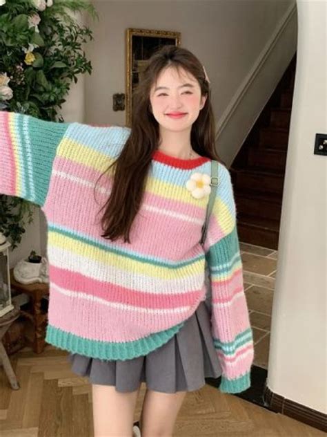 여성 라운드 레인보우 무지개 스트라이프 플라워 뜨개 자수 나그랑 루즈핏 니트 스웨터 러블리 에이블리