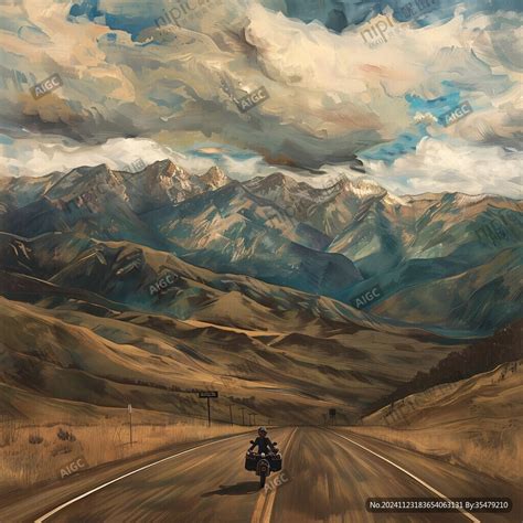 Ai创作图风景厚涂 高原插画 荒野黄昏插画 新疆风景插画 厚涂景色 在路上图片素材下载 速涂插画 摩旅 摩托车走山路 西部风景画 独行千里