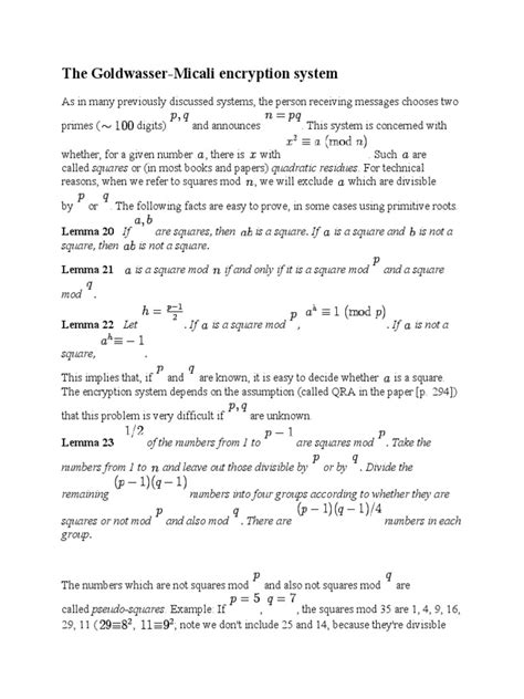 The Goldwasser Micali Encryption System Pdf Cryptography Discrete Mathematics