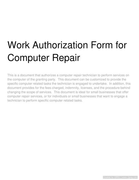 Work Authorization Form For Computer Repair