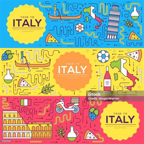 이탈리아 벡터 브로셔 카드 선 집합입니다 국가 여행 Flyear 잡지 포스터 책 표지 배너 서식 파일 레이아웃 문화 기념물 개요 삽화 현대 페이지 0명에 대한 스톡 벡터