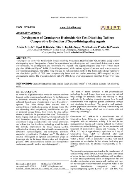 Pdf Development Of Granisetron Hydrochloride Fast Dissolving Tablets Comparative Evaluation