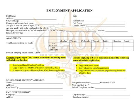 Ciros Pizza Application Form ≡ Fill Out Printable Pdf Forms Online