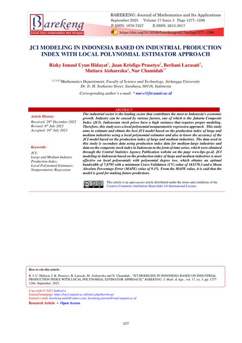 Pdf Jci Modeling In Indonesia Based On Industrial Production Index