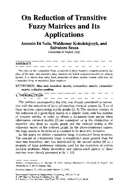 Pdf On Reduction Of Transitive Fuzzy Matrices And Its Applications