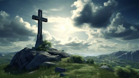 구름과 풀로 둘러싸인 언덕 위에 있는 3차원 십자가 아름다운 십자가 사진 벽지 벽지 배경 파워 포인트 배경 일러스트 및 사진 무료 다운로드 Pngtree