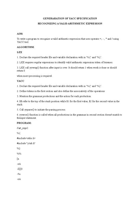 Yacc Specification For Valid Arithmetic Expression And Calculator