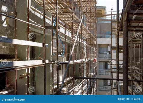 Metal Scaffolding With Wooden Beams Stock Image Image Of Texture Repair 88311151