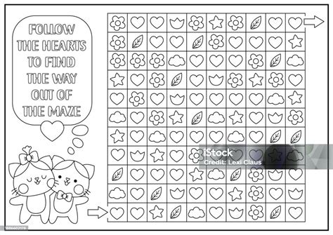세인트 발렌타인 데이 흑백 미로 하트 꽃 별과 함께 게임을 찾고 찾으십시오 아이들을 위한 카와이 인쇄 가능한 활동 퍼즐 색칠