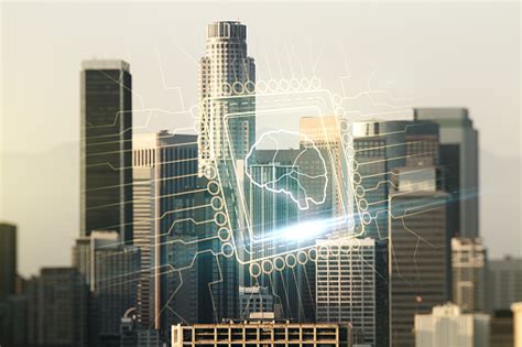 로스 앤젤레스 사무실 건물 배경에 창조적 인 인간의 뇌 마이크로 회로 홀로그램의 이중 노출 미래 기술 및 Ai 개념 0명에 대한 스톡 사진 및 기타 이미지 Istock