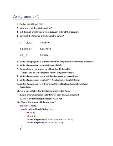 Core Java Assignments Day 1 Overview And Tasks Studocu