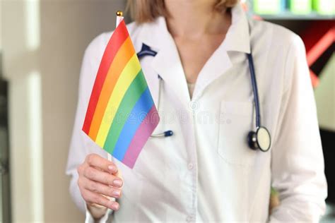 Female Doctor Holds Rainbow Lgbt Flag In Her Hand Stock Image Image