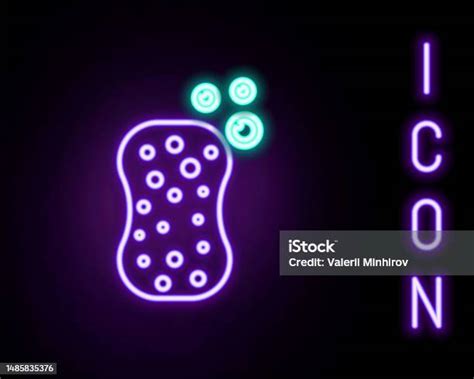 검은 색 배경에 고립 된 거품 아이콘빛나는 네온 라인 스폰지 설거지를 위한 바스트 위스트 청소 서비스 로고 다채로운 개요 개념 벡터 가사 집안일에 대한 스톡 벡터 아트 및