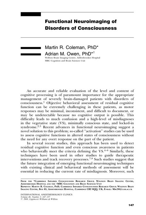 Pdf Functional Neuroimaging Of Disorders Of Consciousness Researchgate