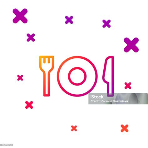 흰색 배경에 격리 된 색상 라인 플레이트 포크 및 나이프 아이콘 칼 붙이 기호 레스토랑 간판 그라데이션 임의동적 셰이프 벡터