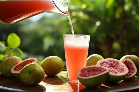 Premium Photo Pouring Guava Juice From A Pitcher Into A Glass With A Slice Of Guava On The Rim