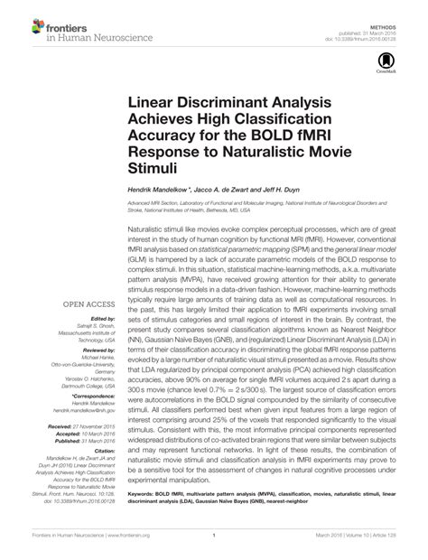 PDF Linear Discriminant Analysis Achieves High Classification Accuracy For The BOLD FMRI