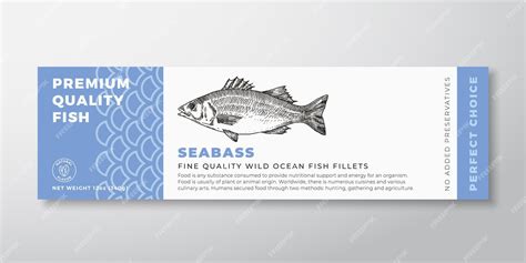 프리미엄 품질 Seabass 벡터 포장 라벨 디자인 현대적인 타이포그래피와 손으로 그린 물고기 실루엣 해산물 제품 배경 레이아웃