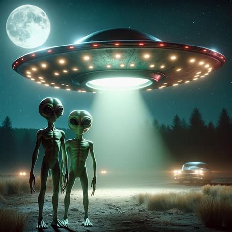 Premium Photo Alien Couple Standing In Front Of Flying Saucer
