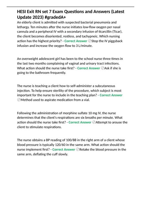 HESI Exit RN Set 7 Exam Questions And Answers Latest Update 2023 GradedA HESI Exit RN