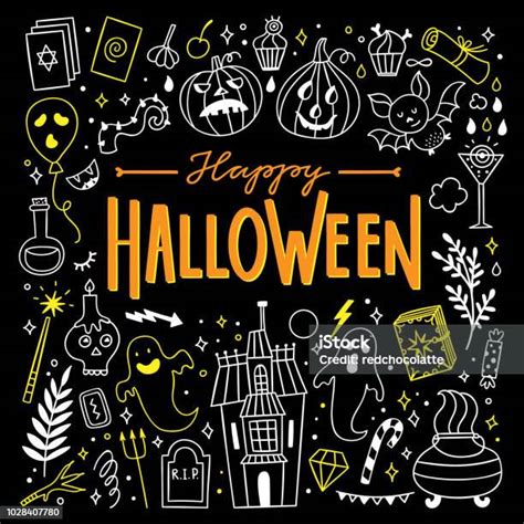 할로윈 귀여운 개요 그림 컬렉션입니다 해피 할로윈 검정색 배경에 한다면 호박 유령 공포 개체 및 마법 기호 그림 10월에 대한 스톡 벡터 아트 및 기타 이미지 Istock