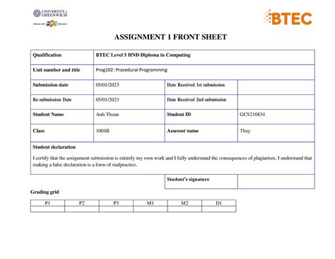 Assignment 1 Prog102 Procedural Programming Assignment 1 Front Sheet