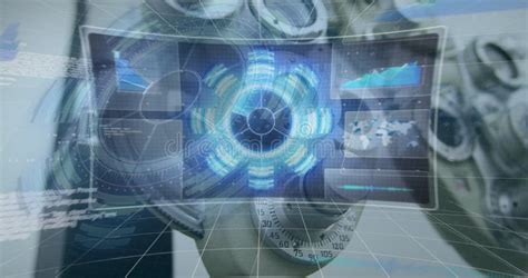 Image Of Scope Scanning And Data Processing Over Businesswoman Stock