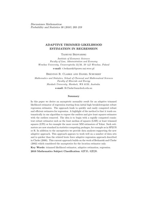 Pdf Adaptive Trimmed Likelihood Estimation In Regression