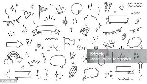 라인 프레임 스파클 리본 손으로 그린 낙서 요소 세트 파티 장식 스타 심장 요소 낙서 스케치 컬렉션 격리 Sketch Comedy에 대한 스톡 벡터 아트 및 기타 이미지