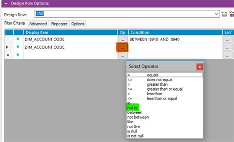 ifs business reporter multiple condition filter same display name ifs